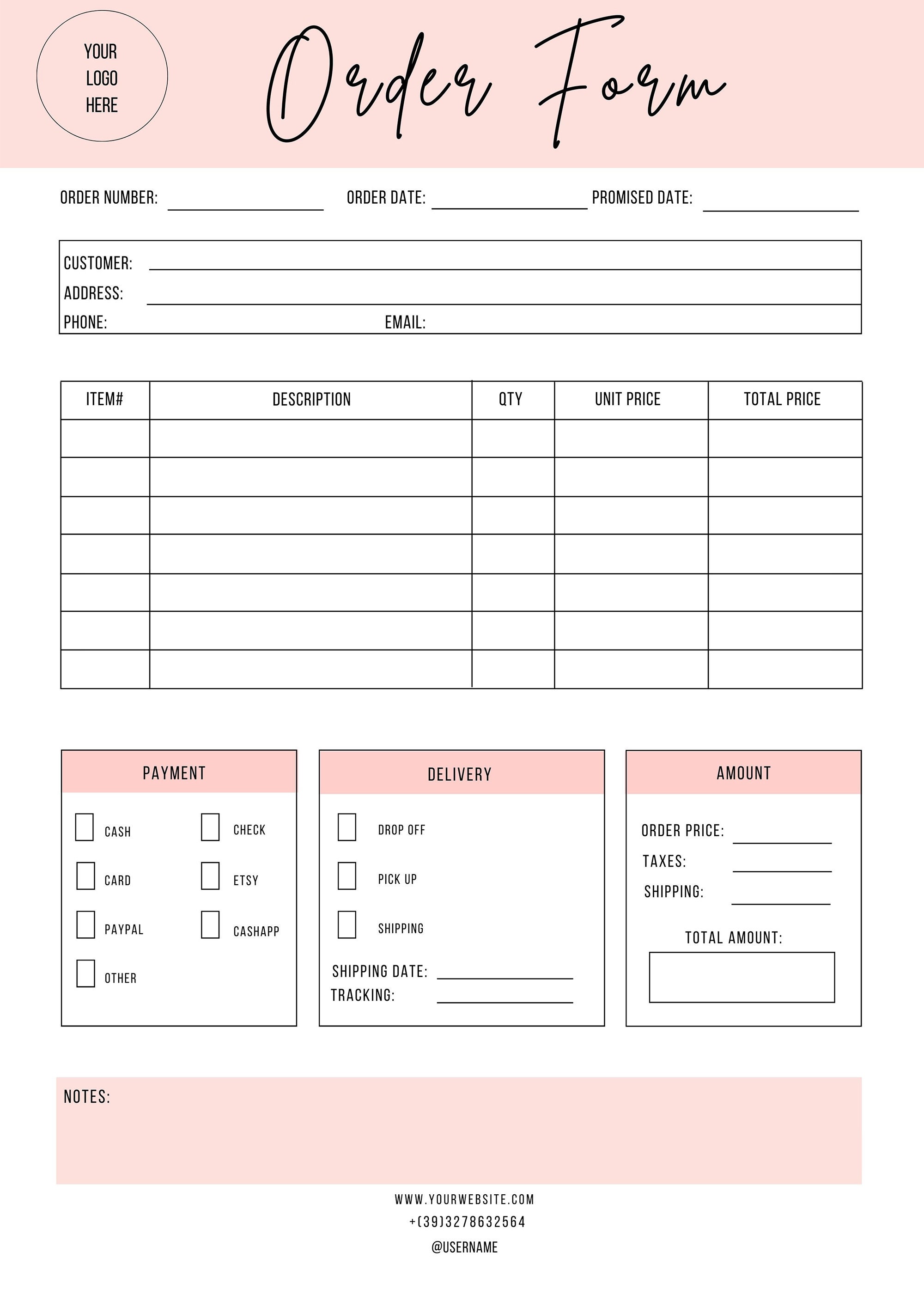 Small Business Order Form Template Editable on Canva, Printable Order ...