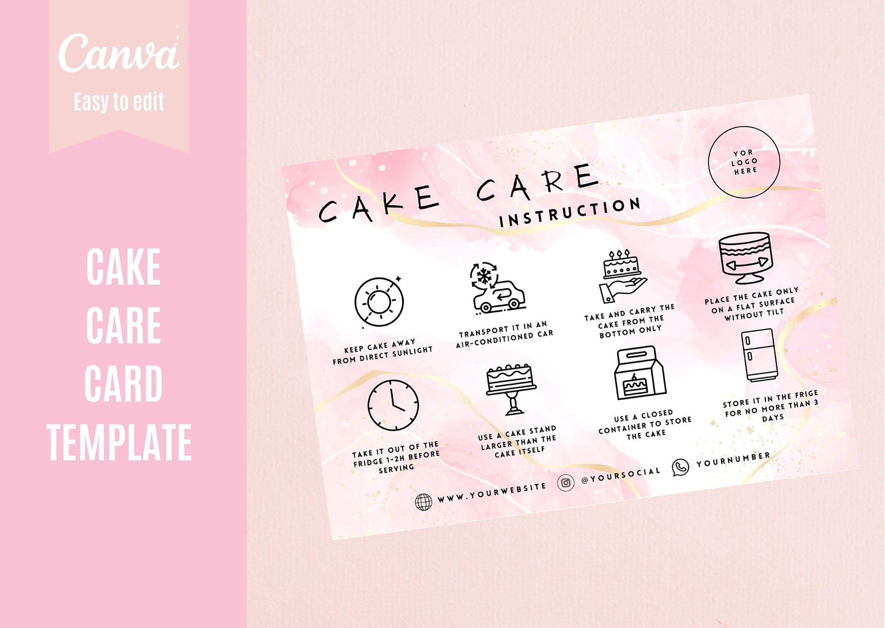 Cake Care Card Template, Canva Editable Wedding Cake Care Cards ...