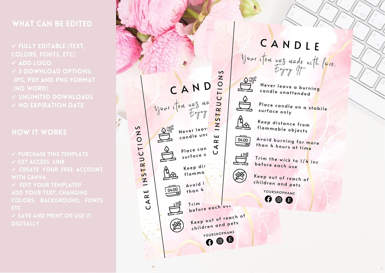 Pink Candle Care Card Printable Candle Instructions Template - Etsy