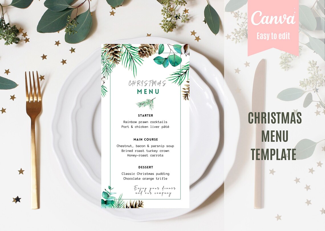 Christmas Menu Template Canva, Printable Christmas Menu, Holiday Menu ...