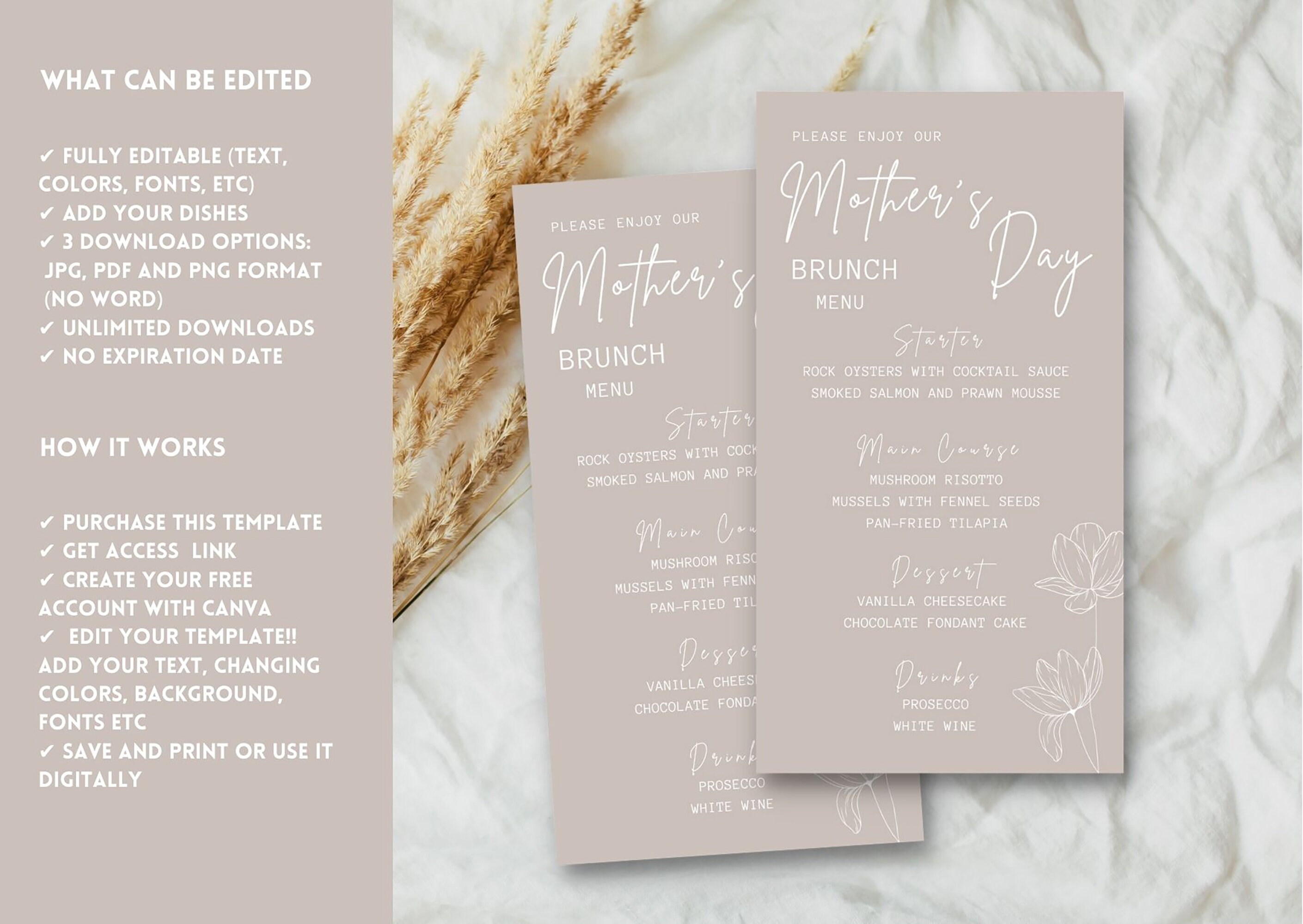DIY Mother's Day Menu Card, Mother Day Dinner Menu, Mothers Day Brunch ...