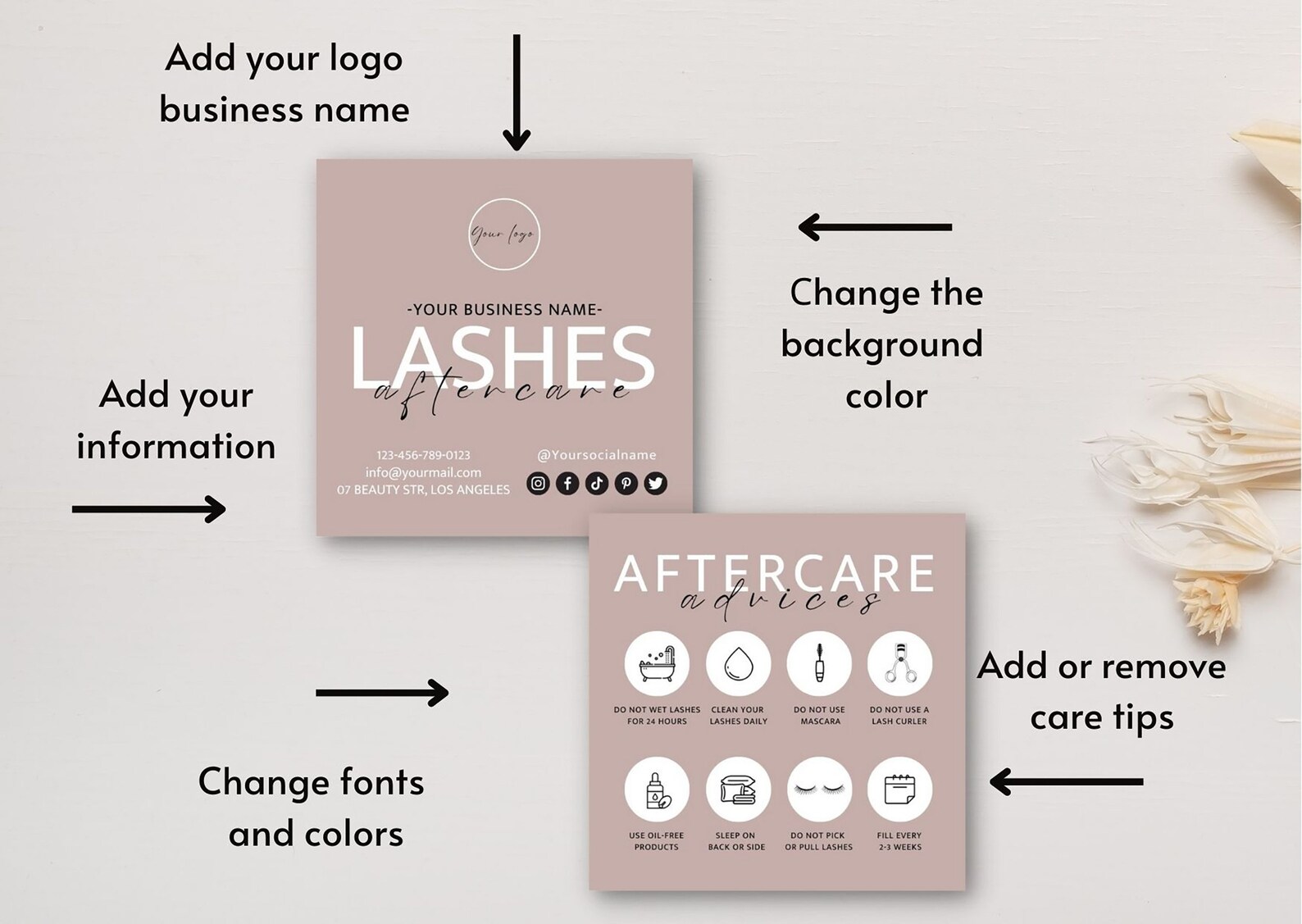 Boho Lash Aftercare Card Template, Lash Care Card, Lash Business Card ...