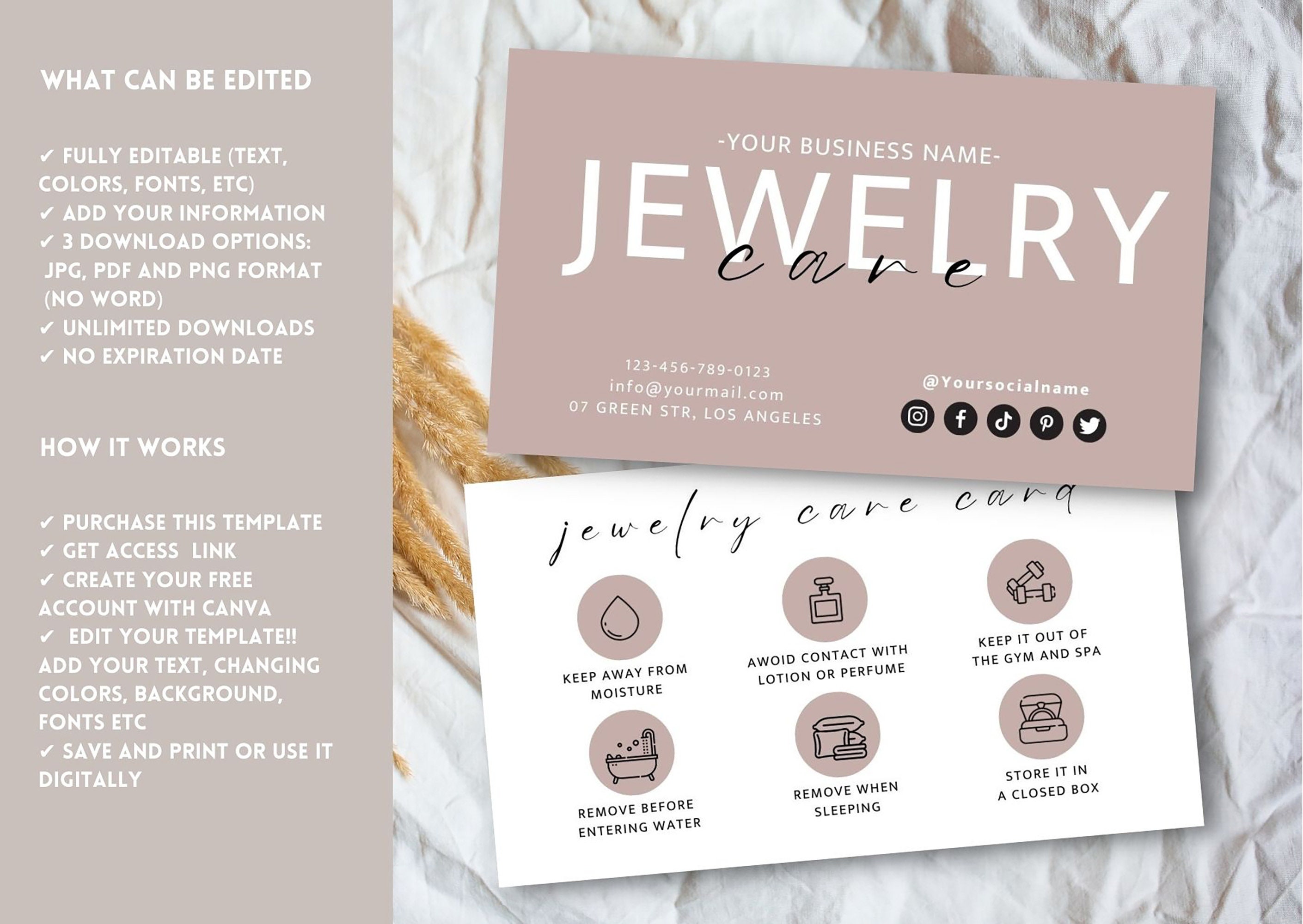 Jewelry Care Card, Printable Jewellery Care Instructions, Editable ...