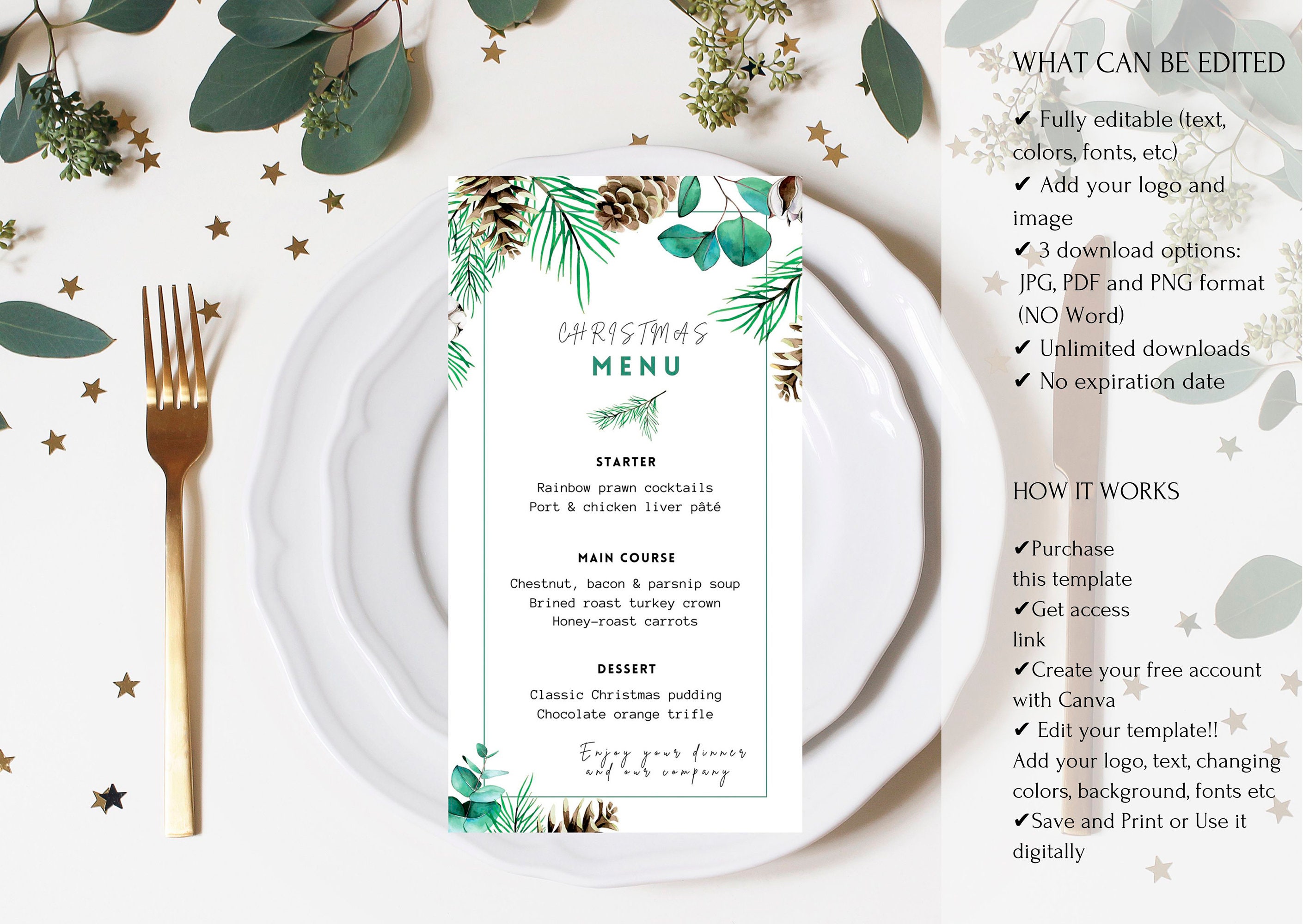 Christmas Menu Template Canva, Printable Christmas Menu, Holiday Menu ...