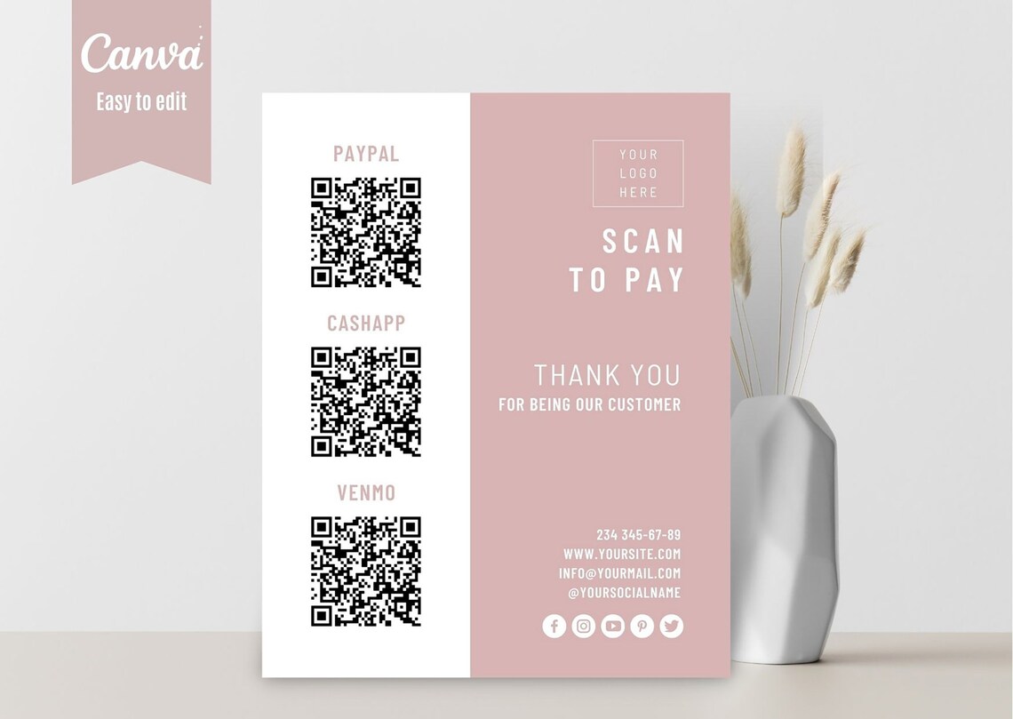 Scan to Pay Sign QR Code, Scan to Pay Template, Scan to Pay Canva, Pink ...