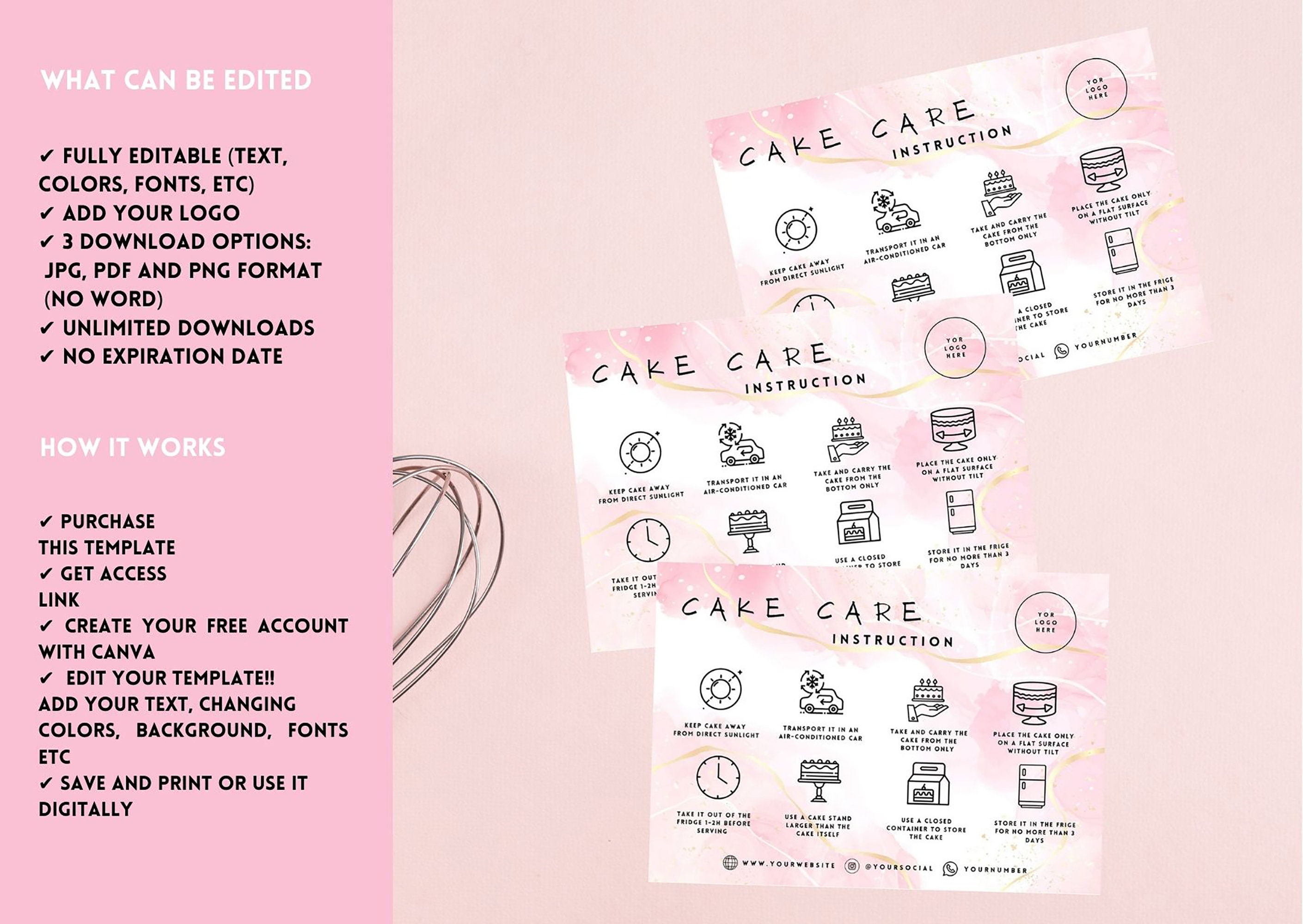Cake Care Card Template, Canva Editable Wedding Cake Care Cards ...