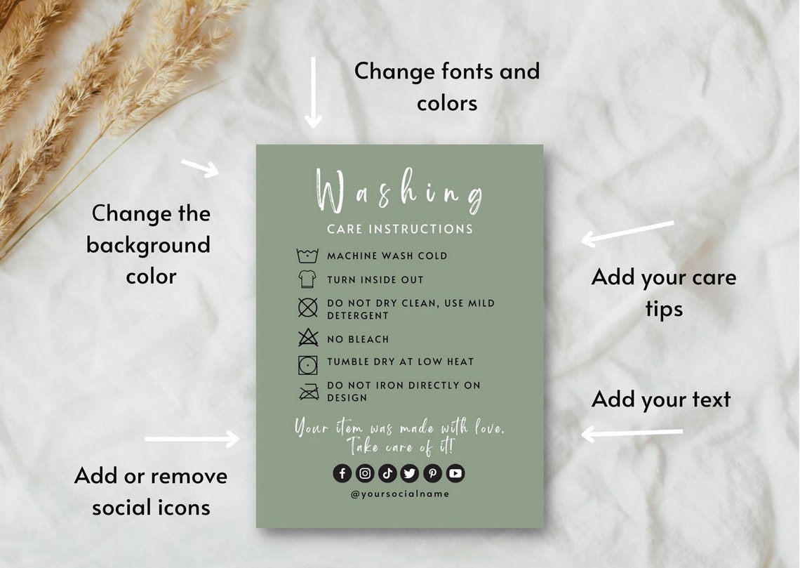Editable Washing Instructions Canva Template, Sage Green Printable ...