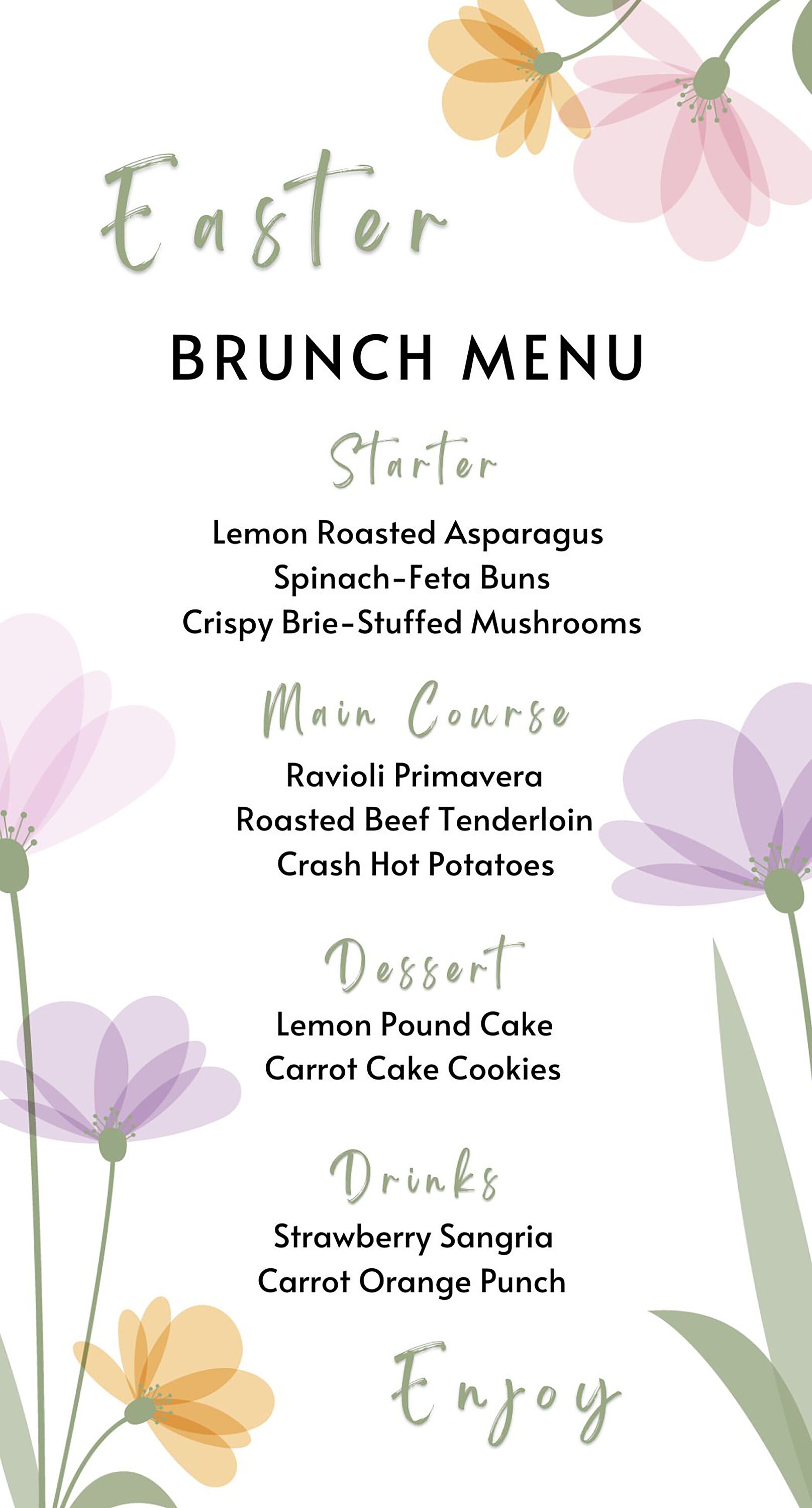 Easter Brunch Menu Template, Printable Floral Easter Menu Cards ...