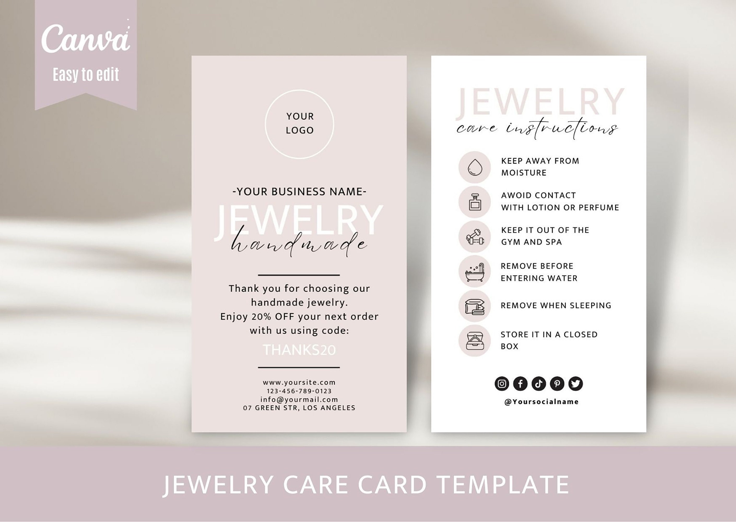 Editable Jewelry Care Card Template, Printable Jewelry Care ...