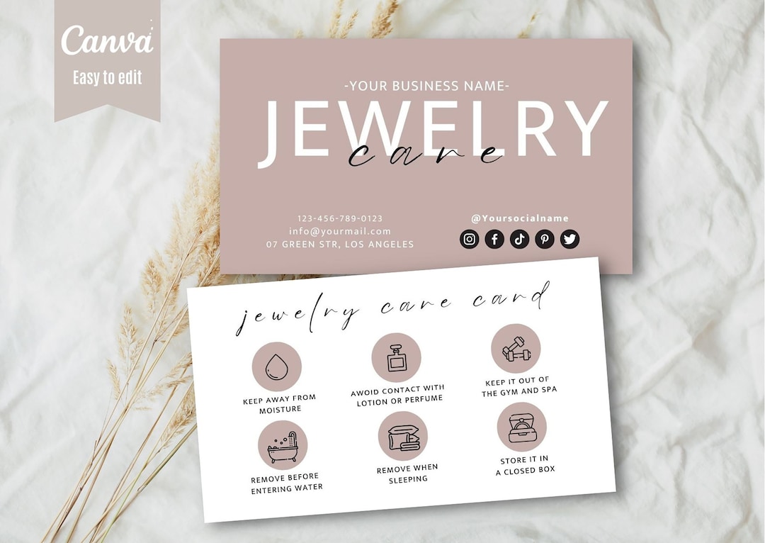 Jewelry Care Card, Printable Jewellery Care Instructions, Editable ...