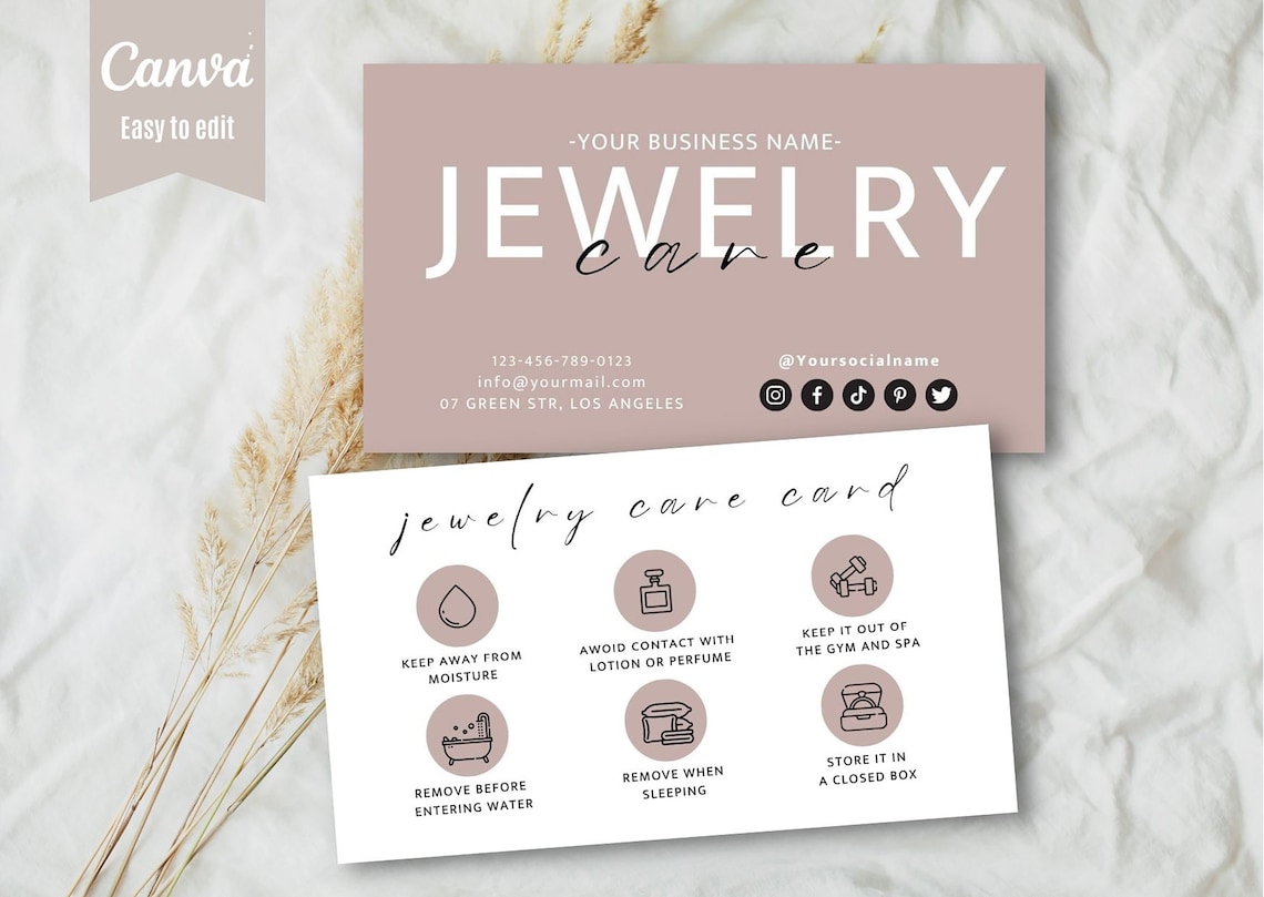 Jewelry Care Card, Printable Jewellery Care Instructions, Editable ...