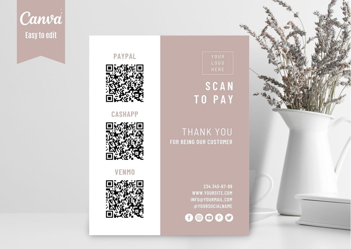 Scan to Pay Sign QR Code Canva Template, Printable Scan to Pay, Boho ...
