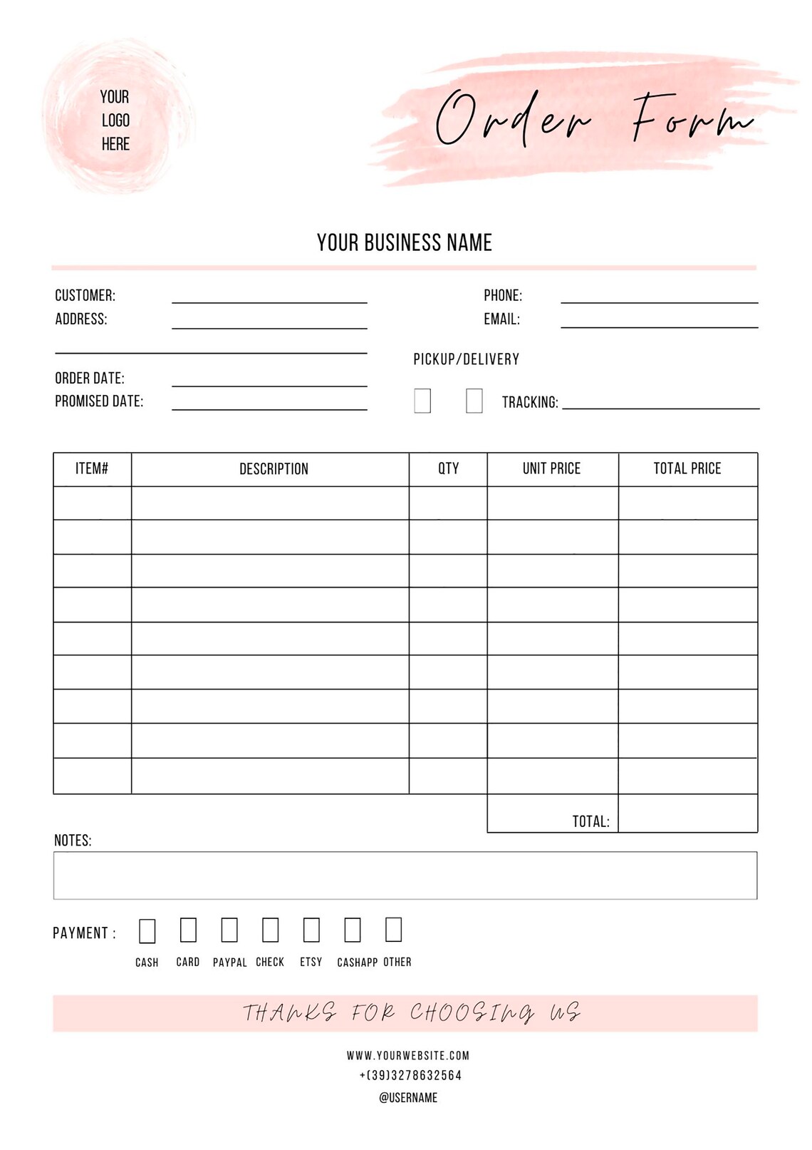 Order Form Template Editable on Canva, Printable Small Business Order ...