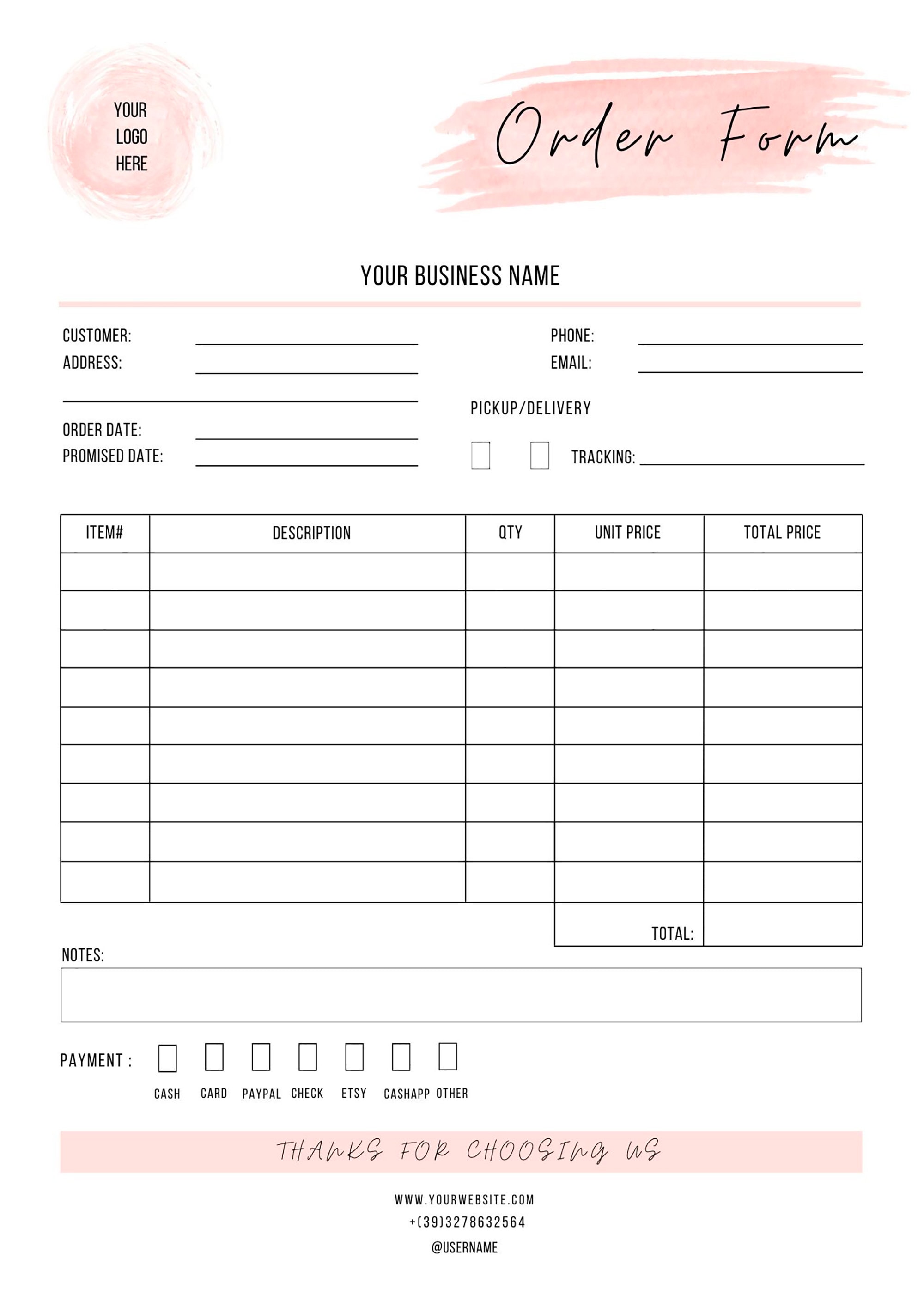 Order Form Template Editable on Canva, Printable Small Business Order ...