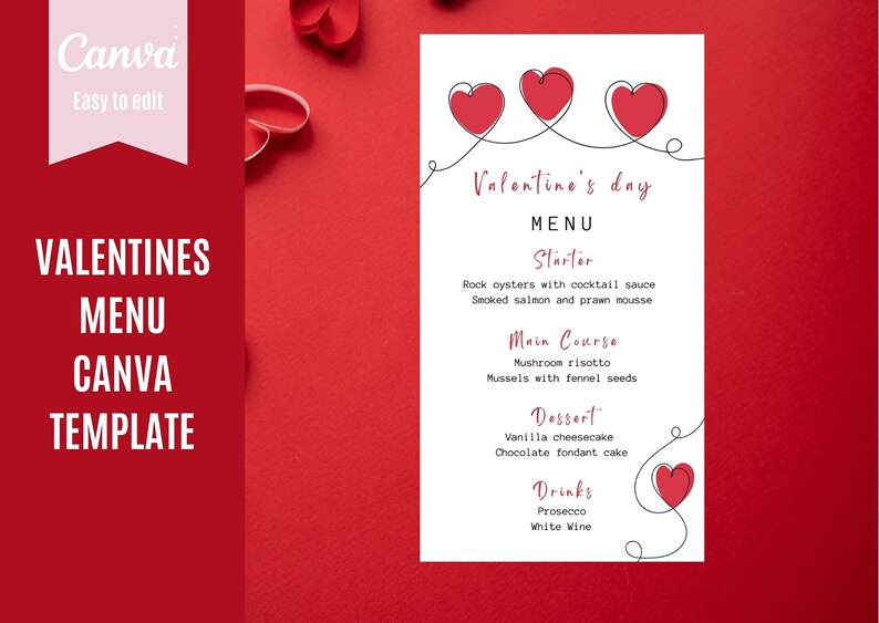 Valentines Day Menu, Red Hearts Dinner Party Menu, Anniversary Birthday ...
