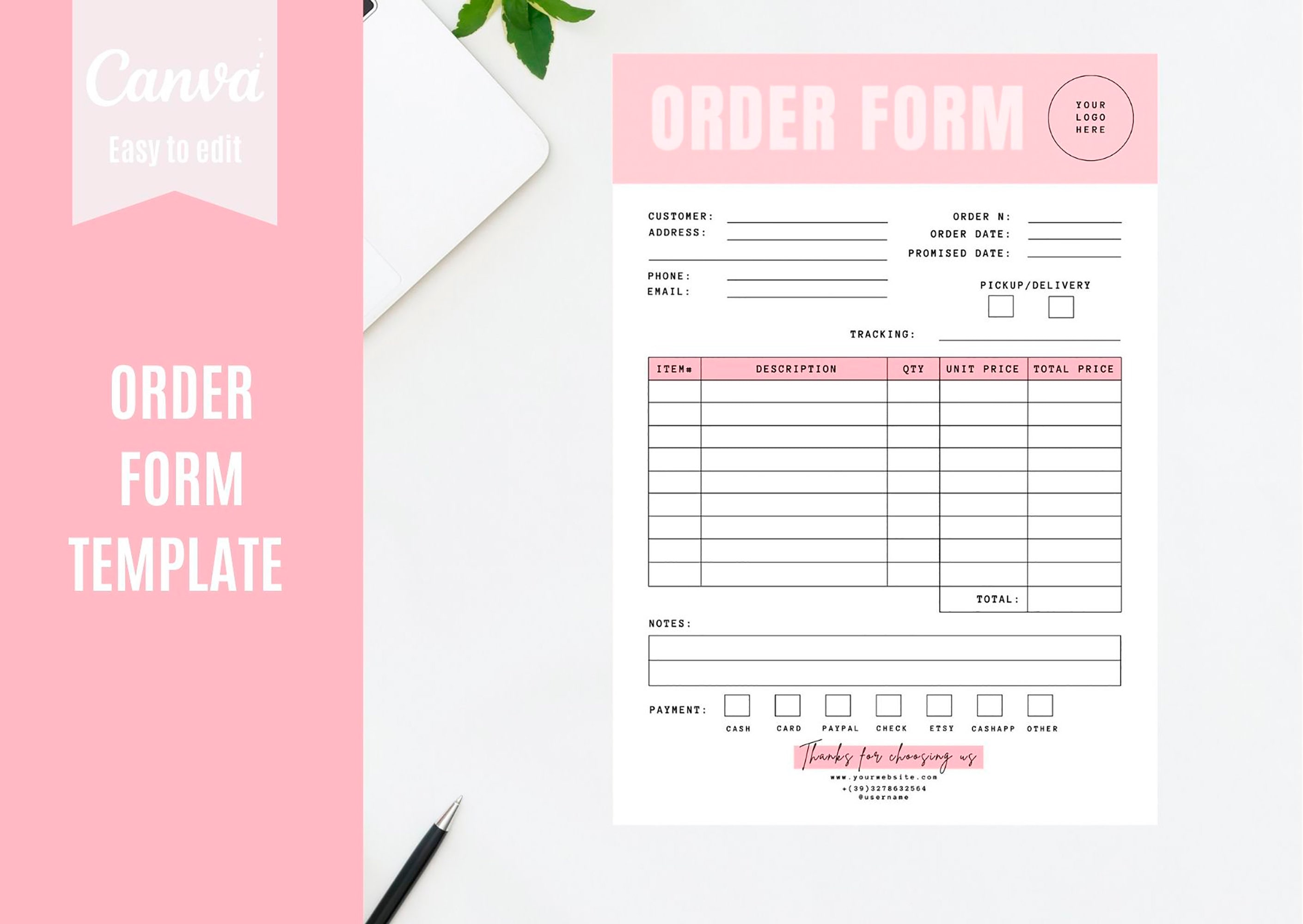 Order Form Template Editable on Canva, Printable Small Business Order ...