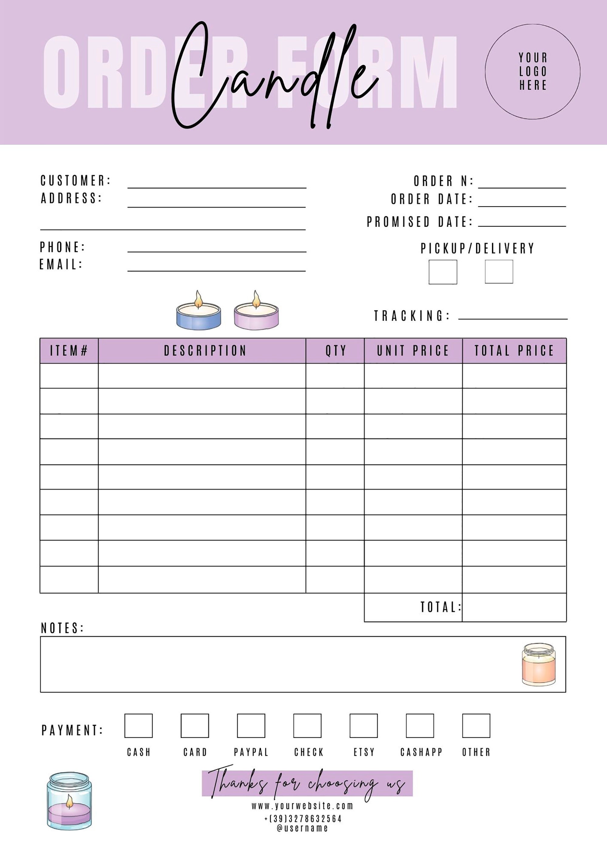 Candle Order Form Template, Editable Invoice Canva Template, Small ...