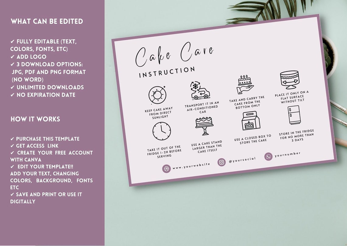 Cake Care Card Template, Canva Editable Cake Care Guide, Printable ...