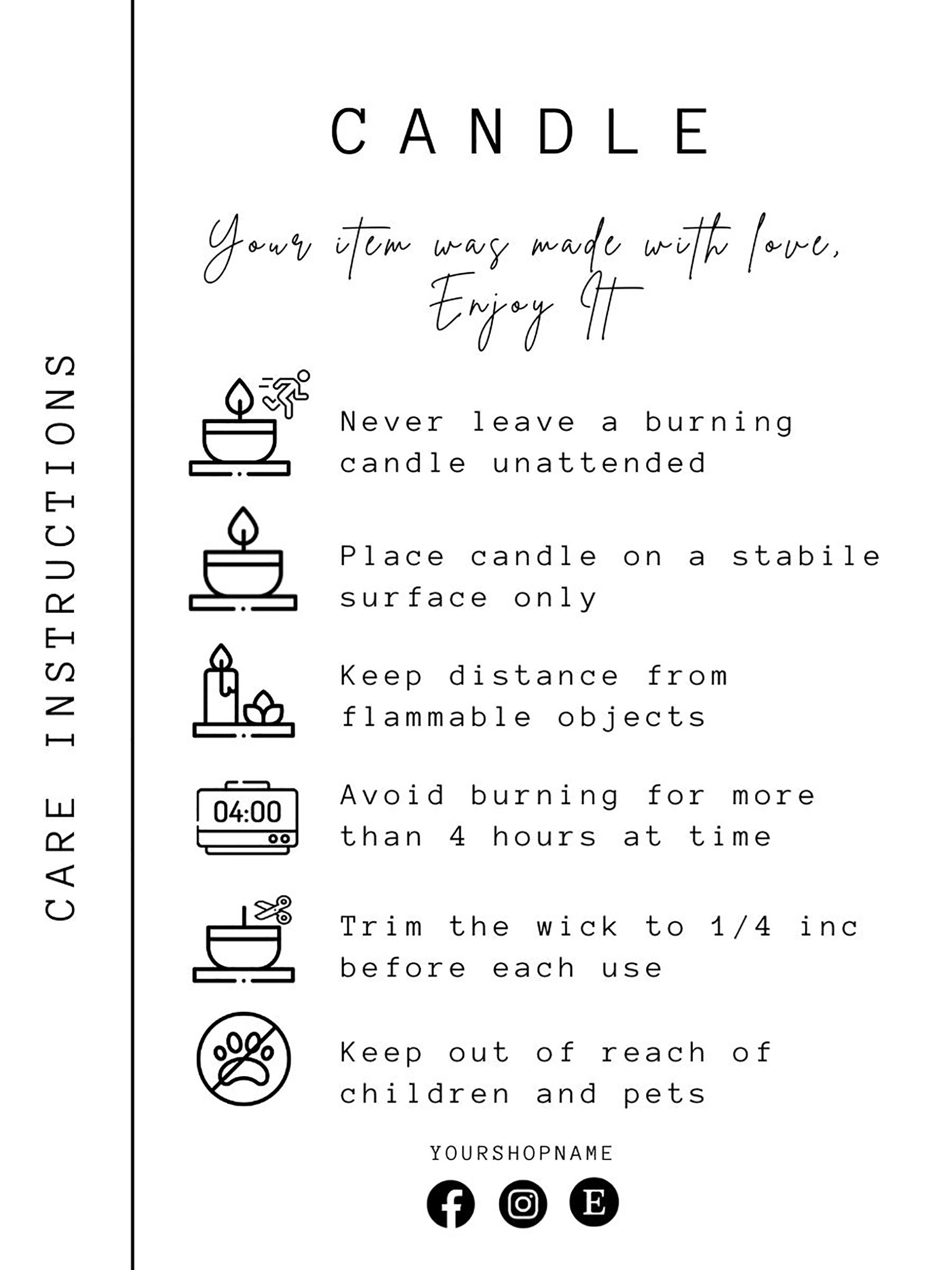 Editable Candle Care Card, Printable Candle Instructions Template ...