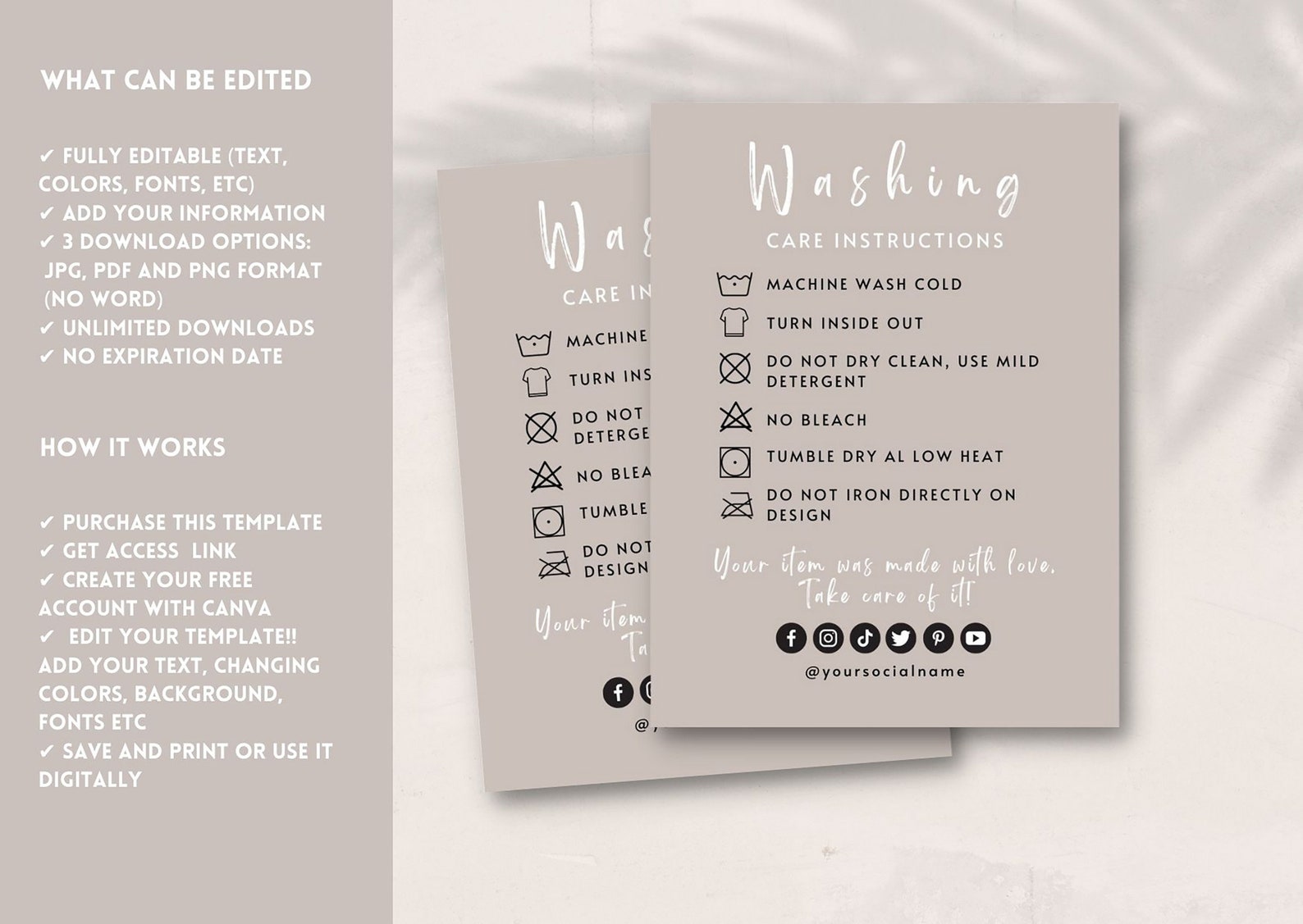 Editable Washing Instructions Canva Template, Boho Printable Apparel ...