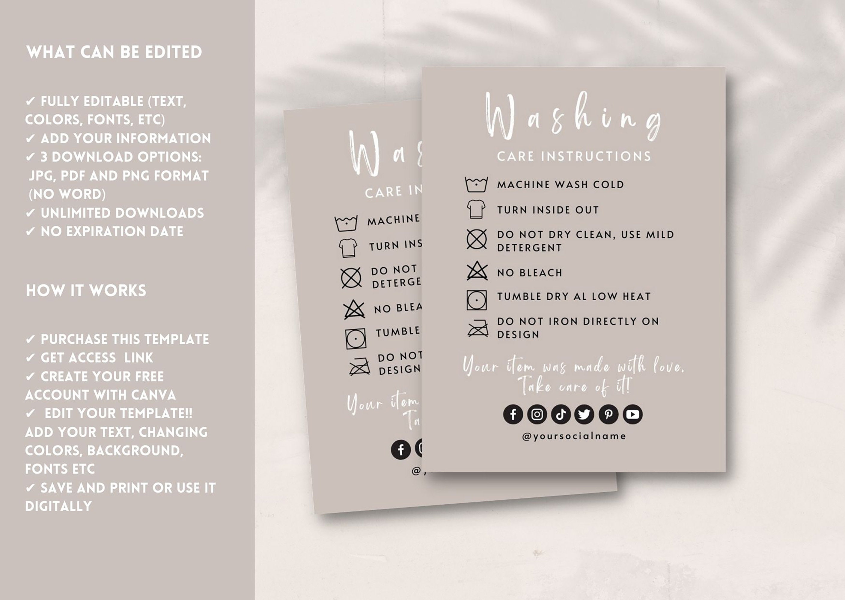 Editable Washing Instructions Canva Template, Boho Printable Apparel ...