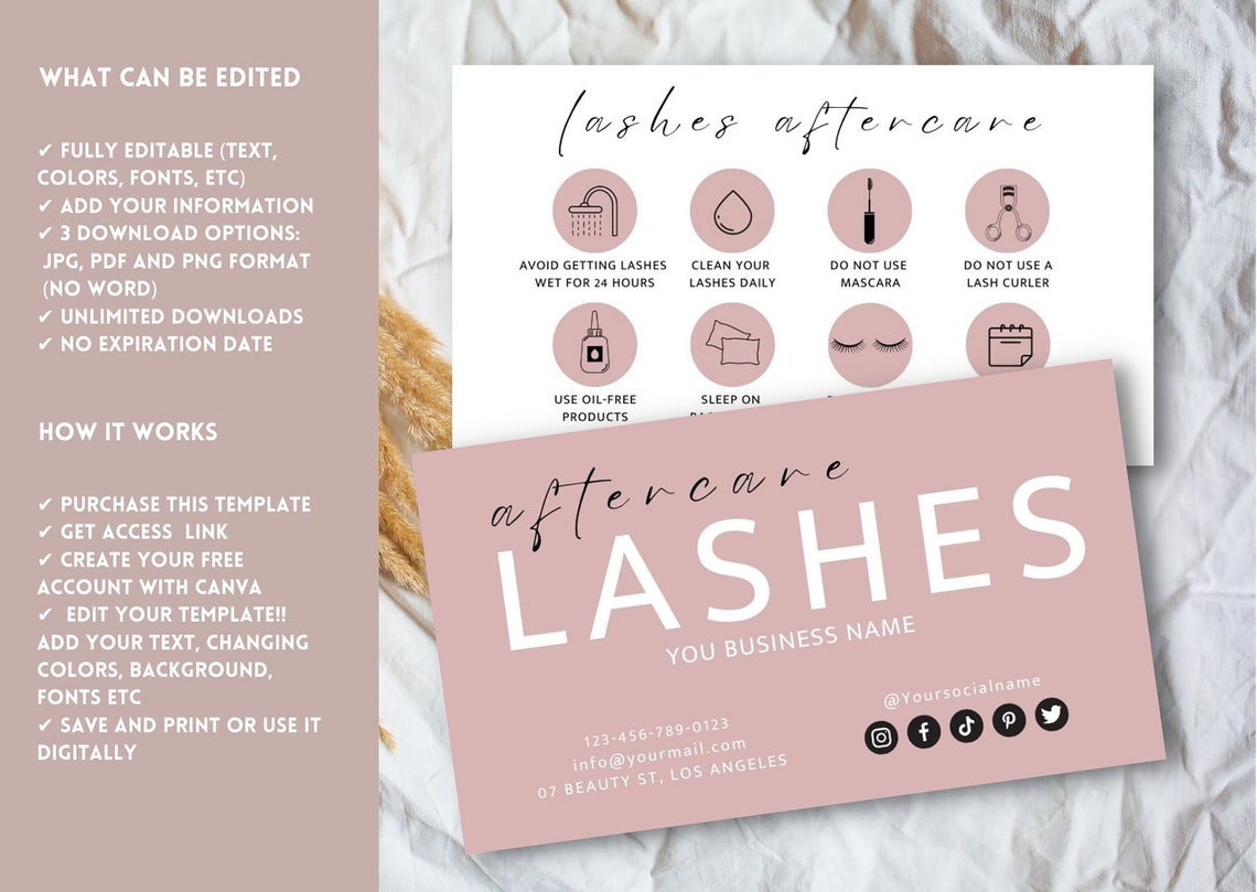 Boho Lash Aftercare Card Template, Lash Care Card, Lash Business Card ...