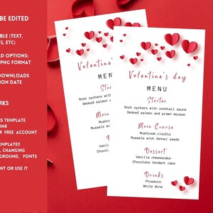 Valentines Day Menu Editable Template for Canva, Red Hearts Dinner ...