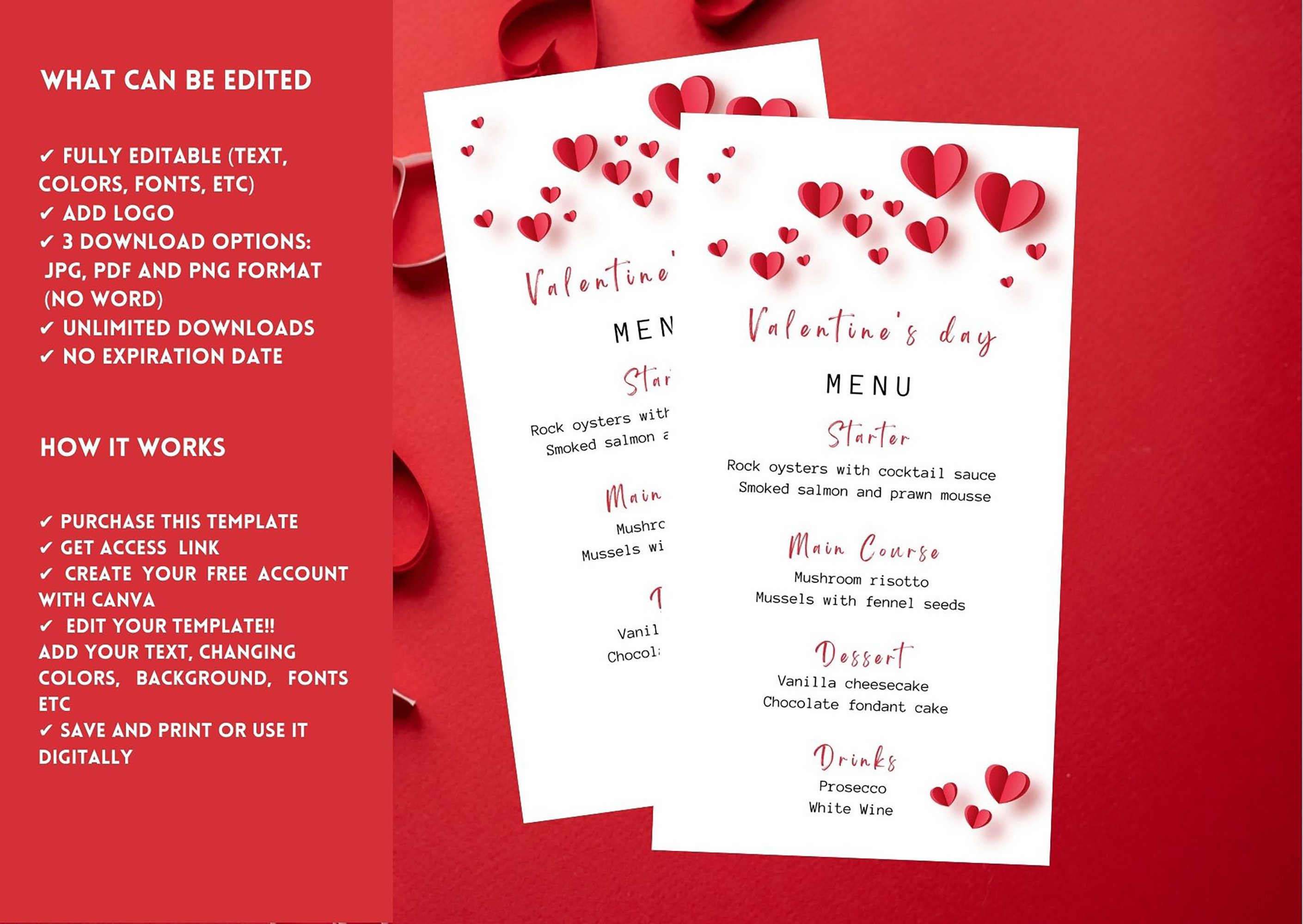 Valentines Day Menu Editable Template for Canva, Red Hearts Dinner ...