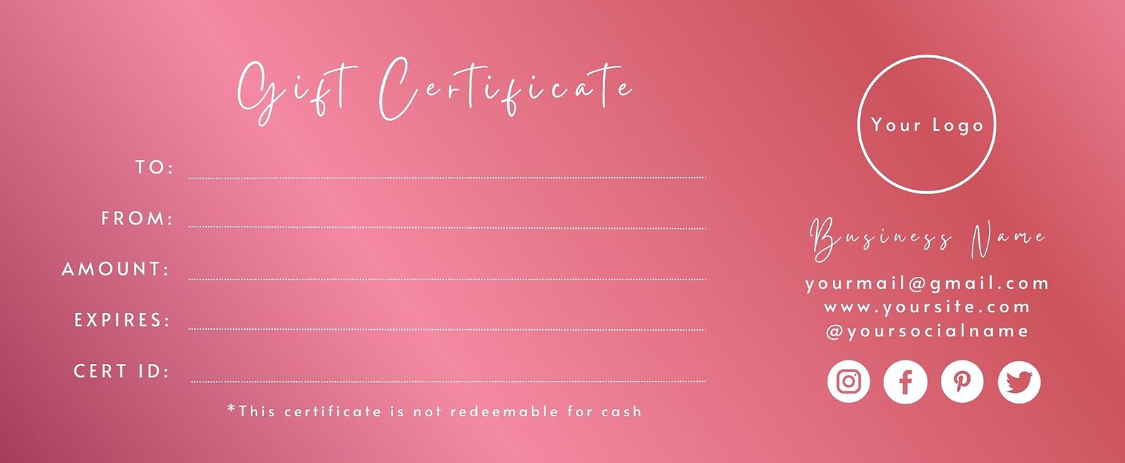 Gift Certificate Template Minimalist Add Logo Pink DIY Gift - Etsy
