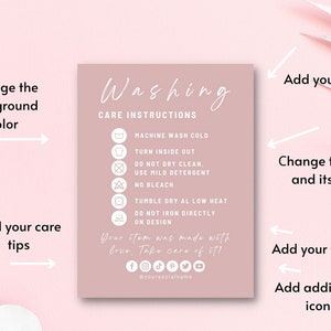 Editable Washing Instructions, Pink Printable Apparel Insert Card ...