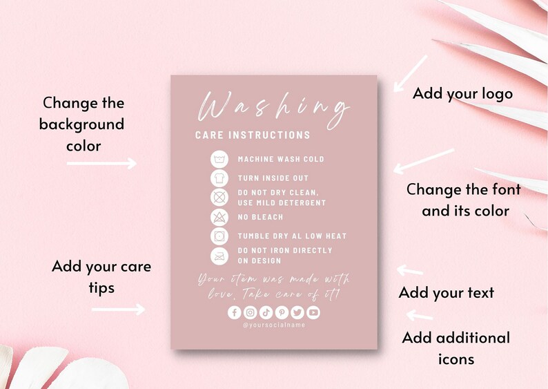 Editable Washing Instructions, Pink Printable Apparel Insert Card ...