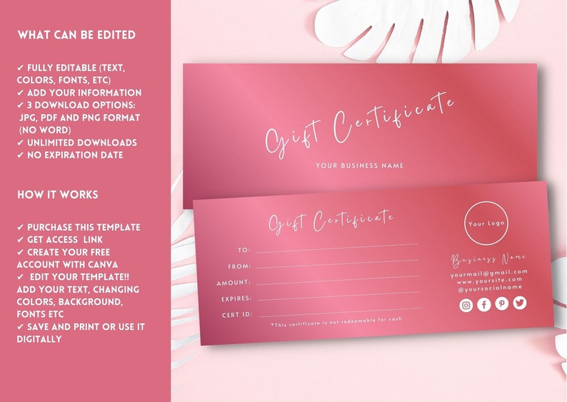 Gift Certificate Template Minimalist Add Logo Pink DIY Gift - Etsy