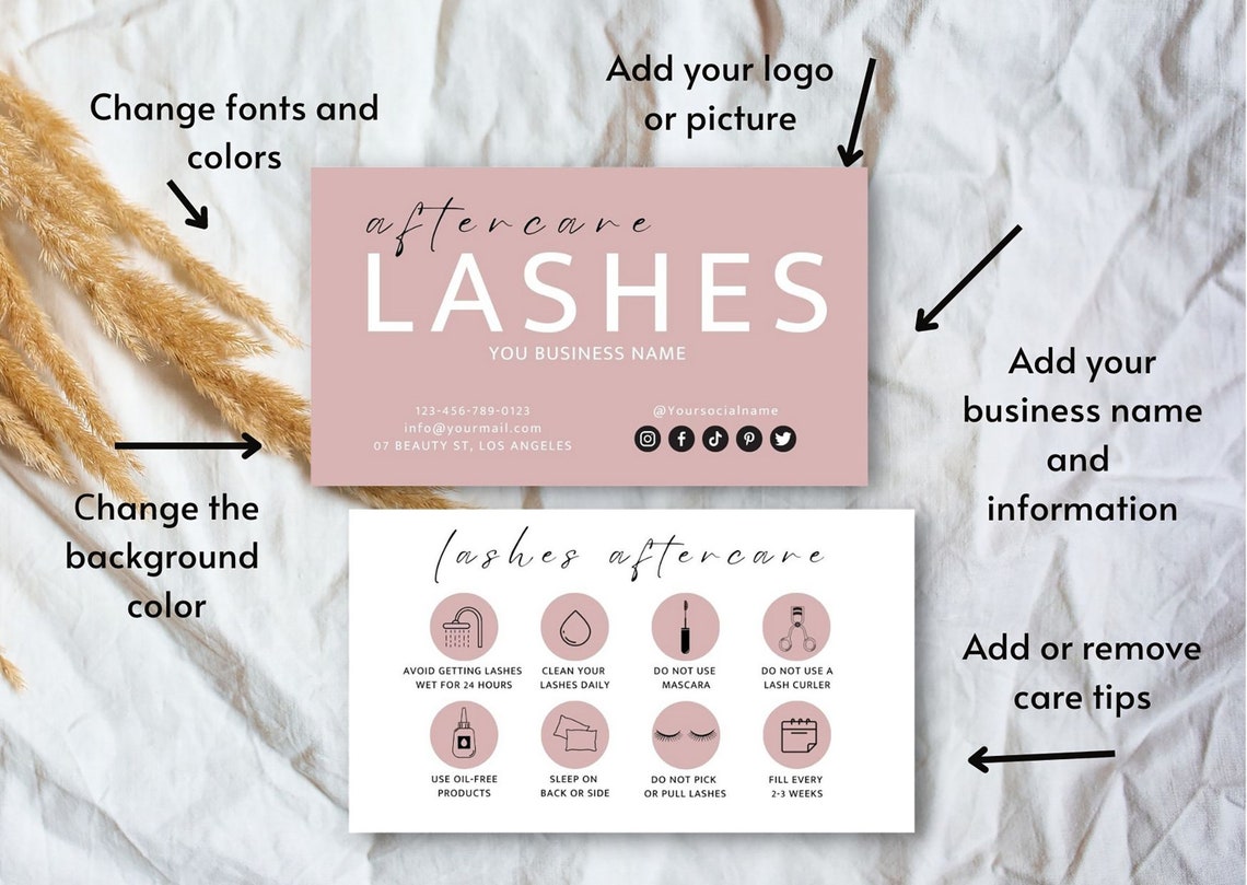 Boho Lash Aftercare Card Template, Lash Care Card, Lash Business Card ...