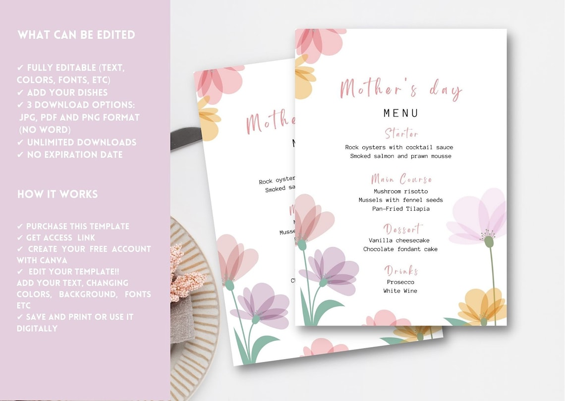 Mothers Day Menu Editable Template, Mother Day Dinner Menu, Mothers Day ...