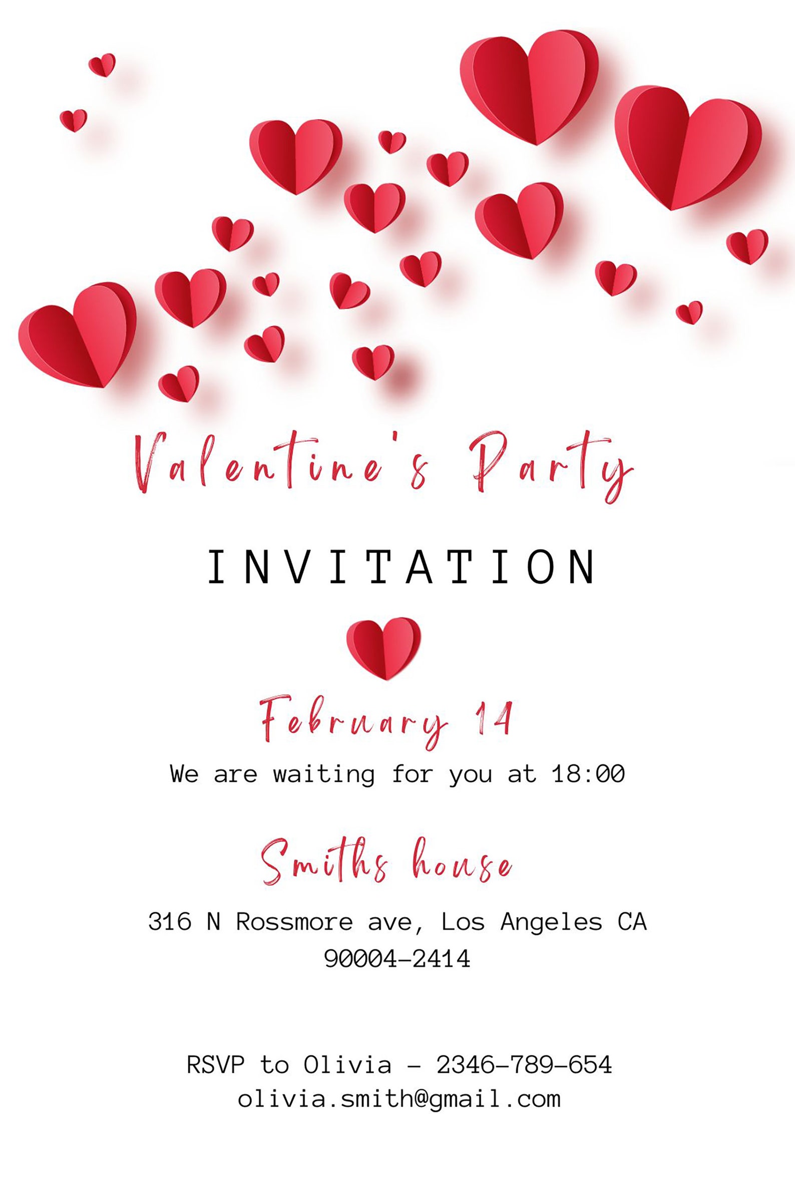 Valentines Day Party Invitation Editable Template for Canva, Red Hearts ...