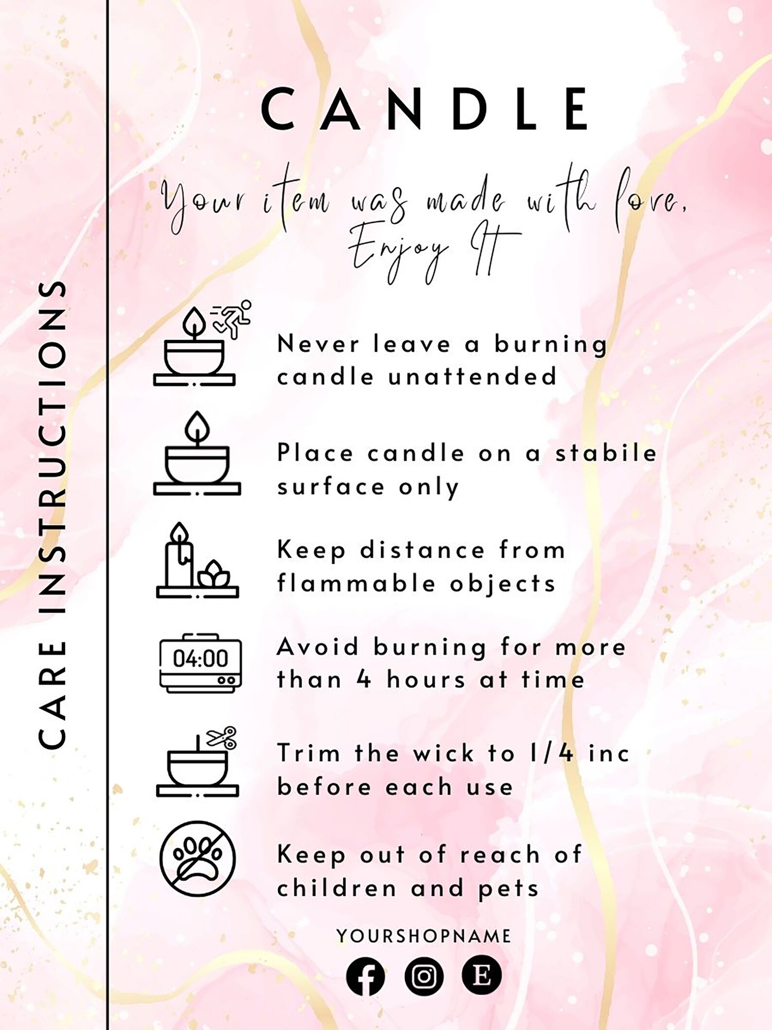 Pink Candle Care Card Printable Candle Instructions Template - Etsy