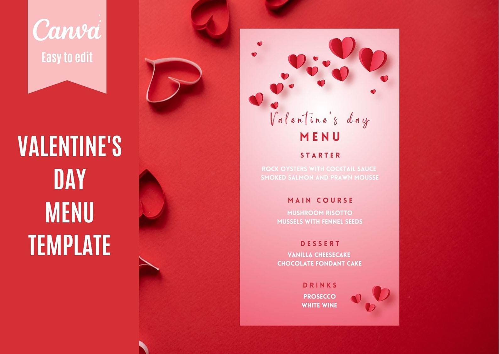 Valentines Day Menu Printable Template, Red Hearts Dinner Party Menus ...