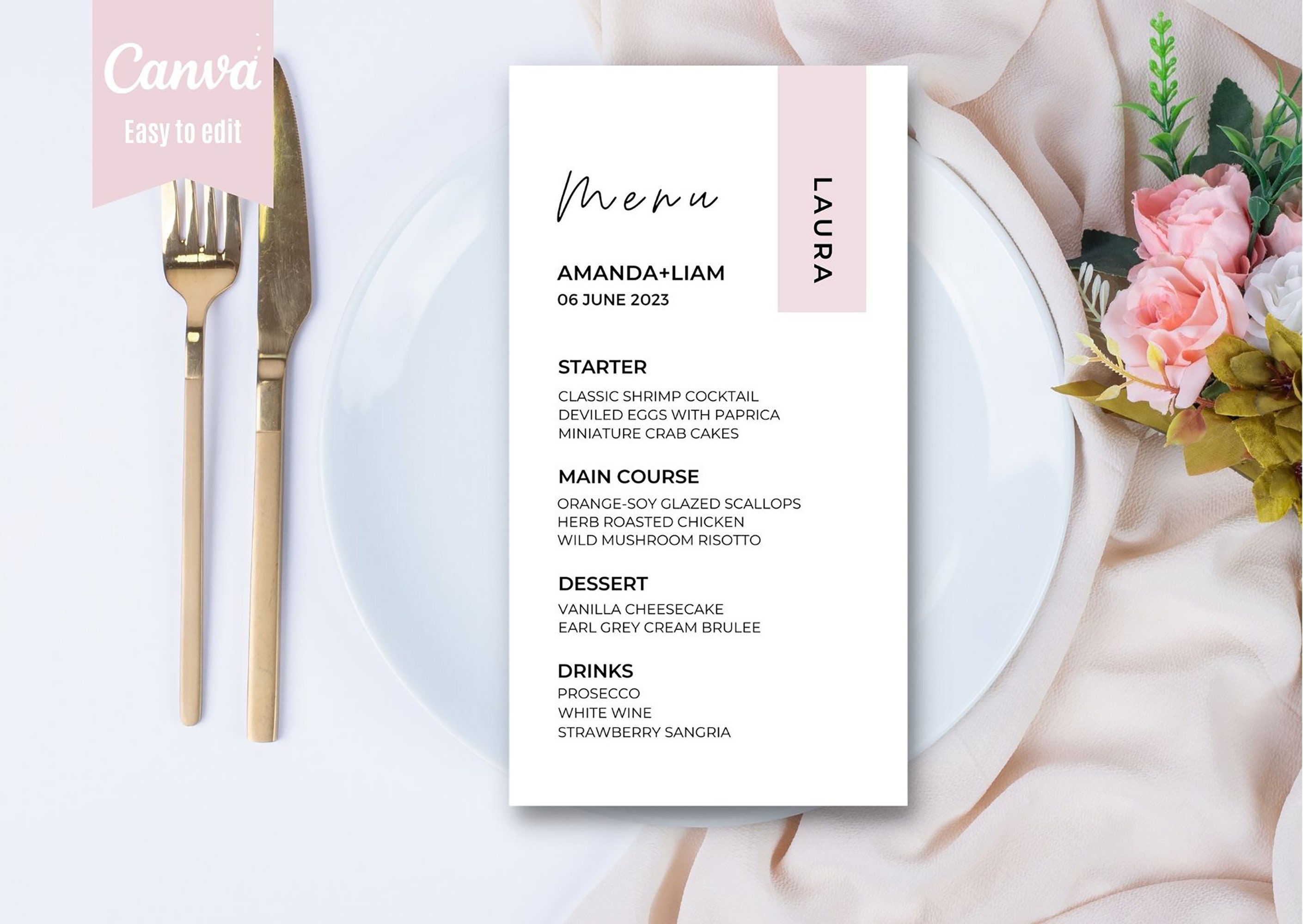 Wedding Menu Template, Modern Wedding Menu With Name, Minimalist ...