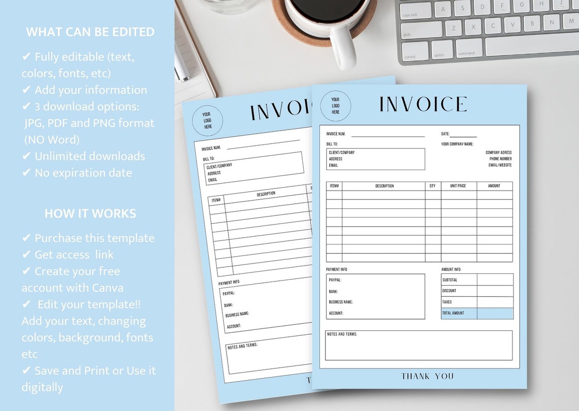 Invoice Template for Small Business, Printable Invoice, Custom Order ...