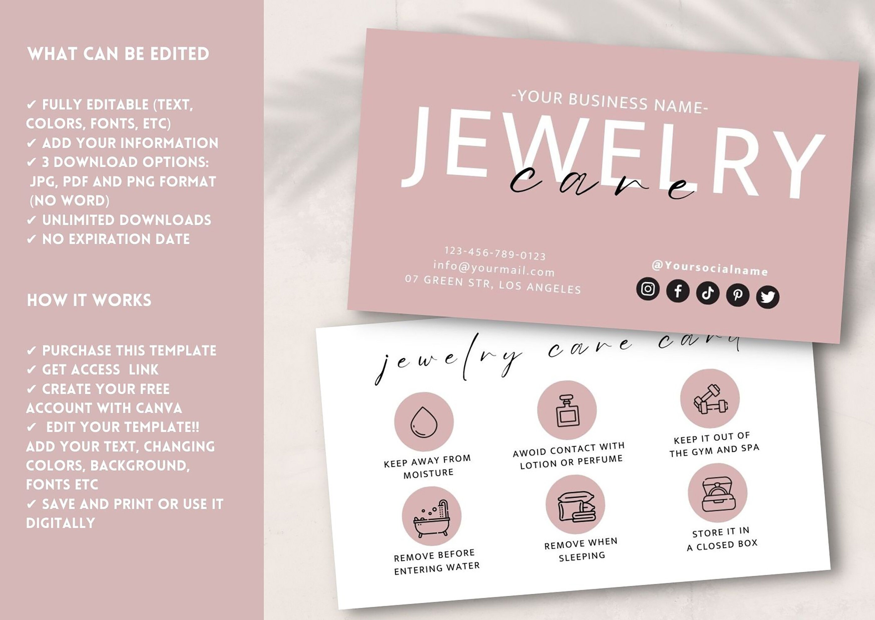 Jewelry Care Card, Printable Jewellery Care Instructions, Editable ...
