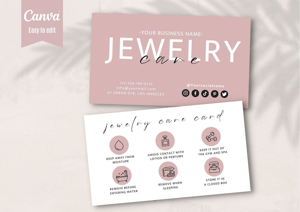 Jewelry Care Card, Printable Jewellery Care Instructions, Editable ...