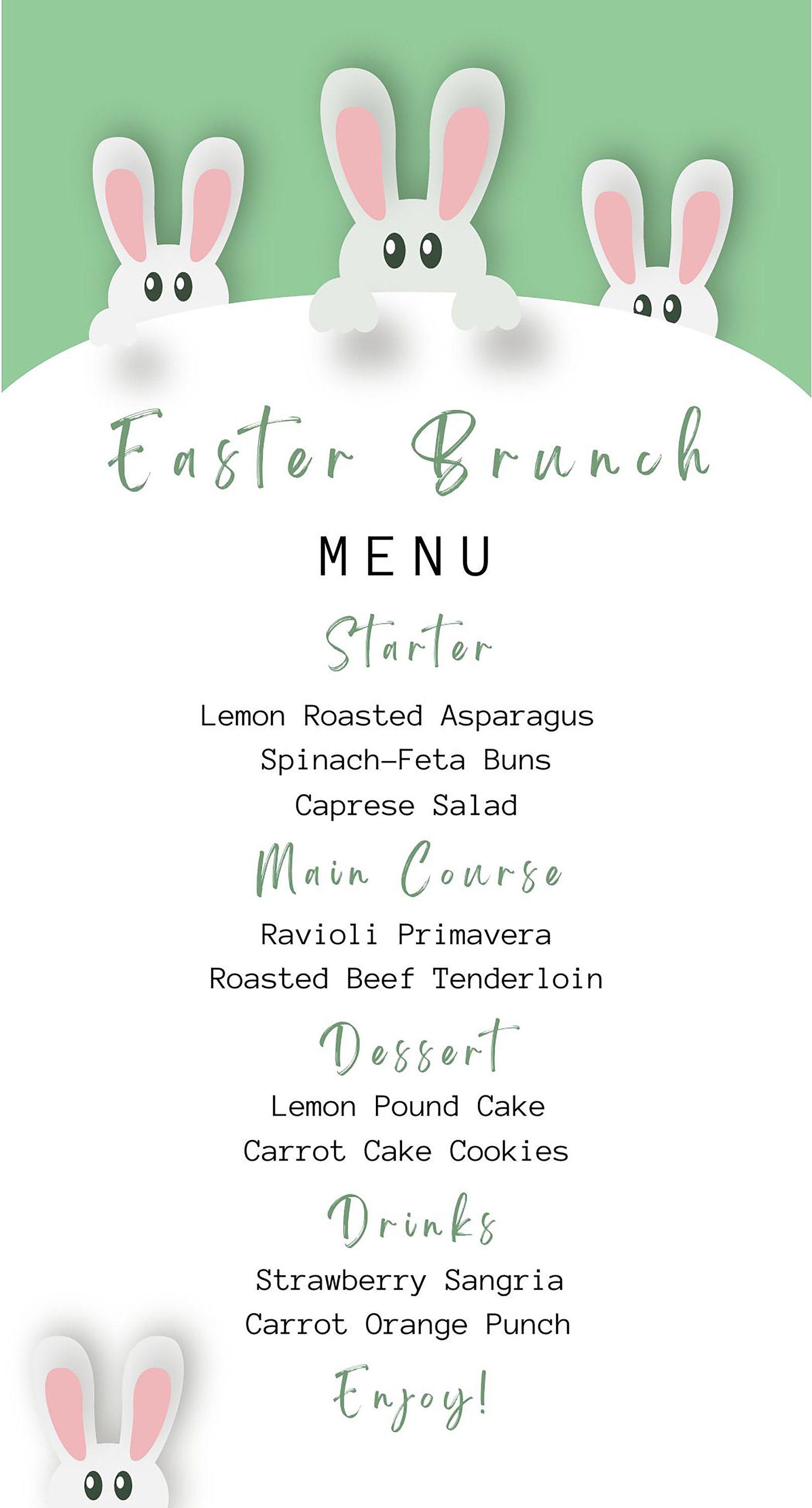 Easter Brunch Menu Template, Printable Easter Menu Rabbit Cards ...