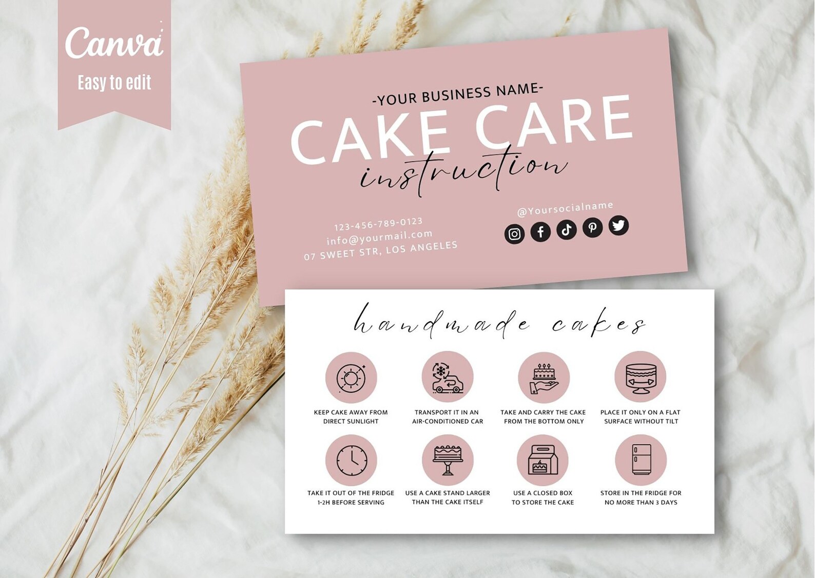 Cake Care Card Template, Canva Editable Cake Care Guide, Printable Pink ...
