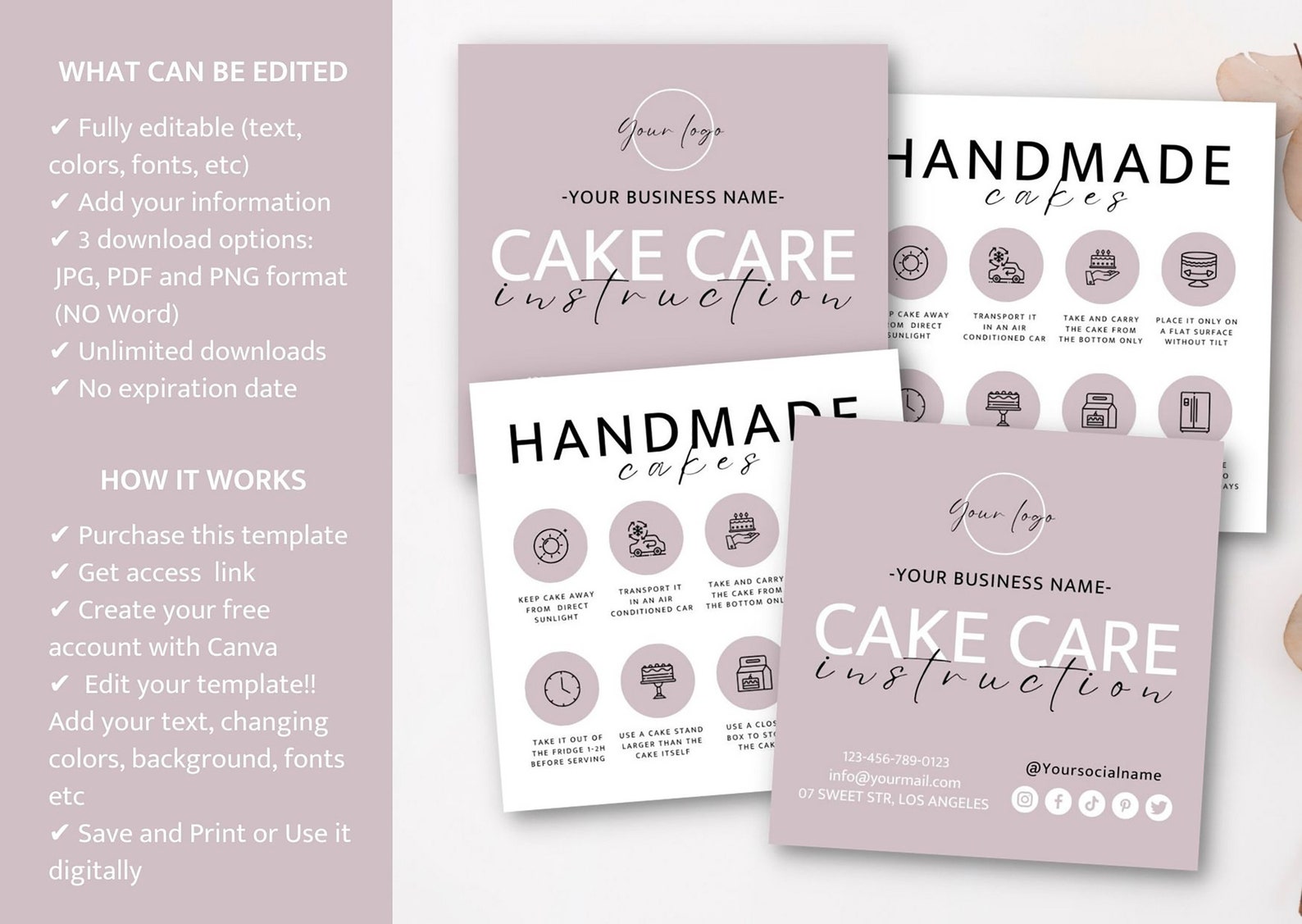 Cake Care Card Template, Canva Editable Cake Care Guide, Printable Boho ...