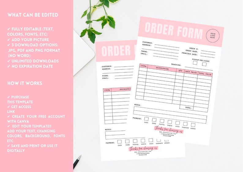 Order Form Template Editable on Canva, Printable Small Business Order ...