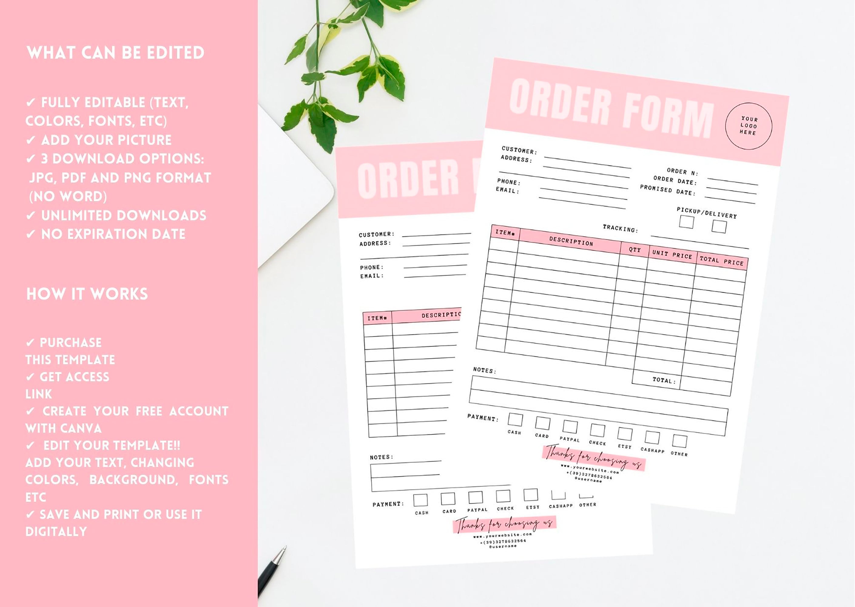 Order Form Template Editable on Canva, Printable Small Business Order ...