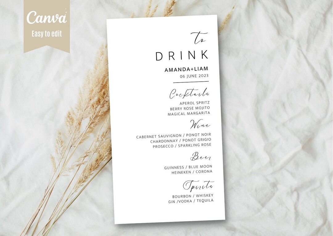 Minimalist Wedding Bar Menu, Wedding Drink Sign Card, Modern Elegant ...