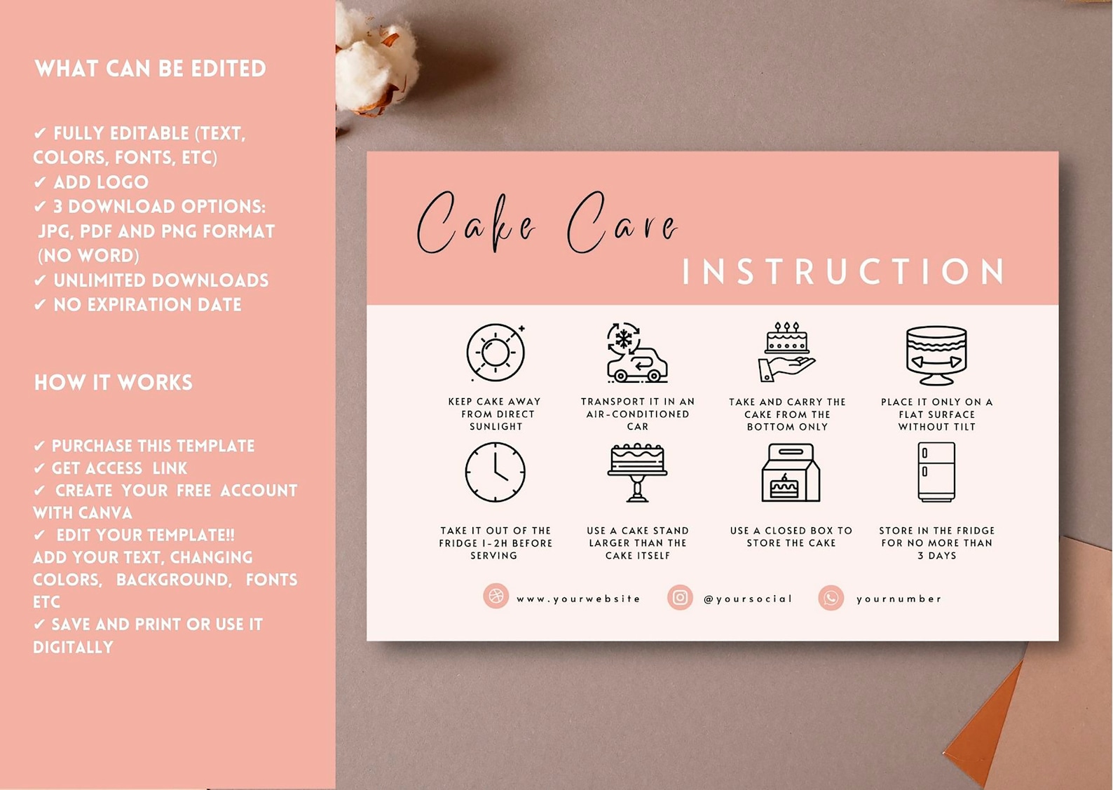Cake Care Card Template, Canva Editable Cake Care Guide, Printable ...
