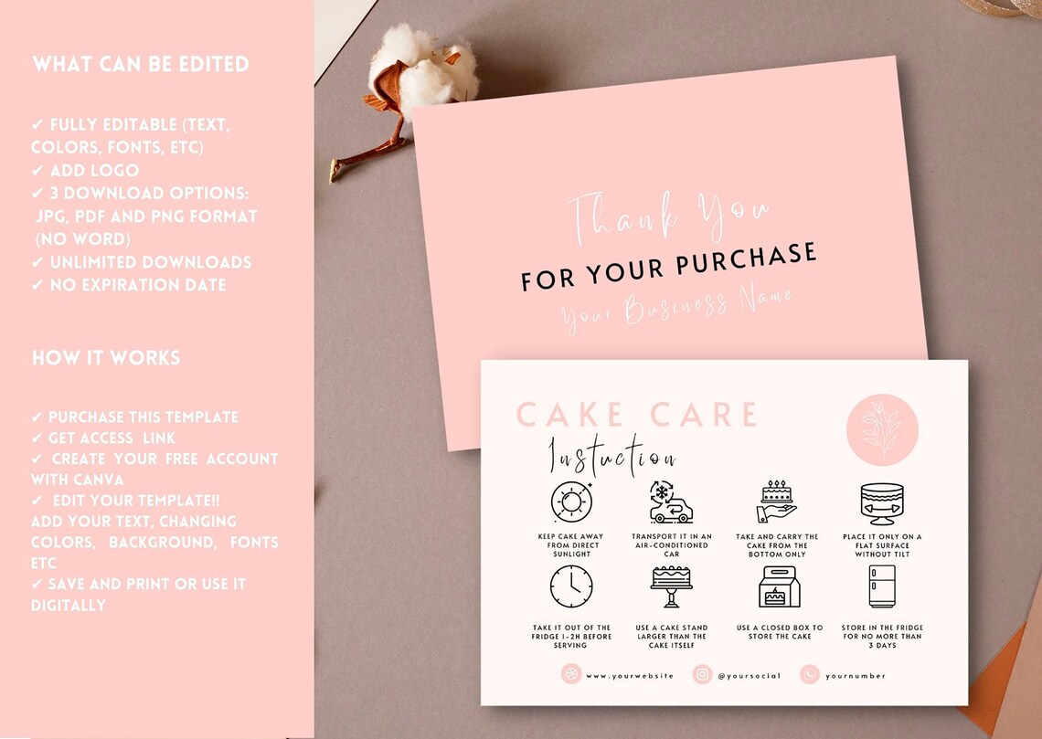 Cake Care Card Template Pink Cake Care Guide Cake Business - Etsy