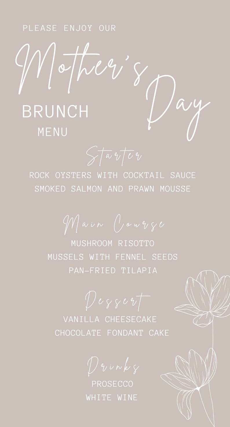 DIY Mother's Day Menu Card, Mother Day Dinner Menu, Mothers Day Brunch ...